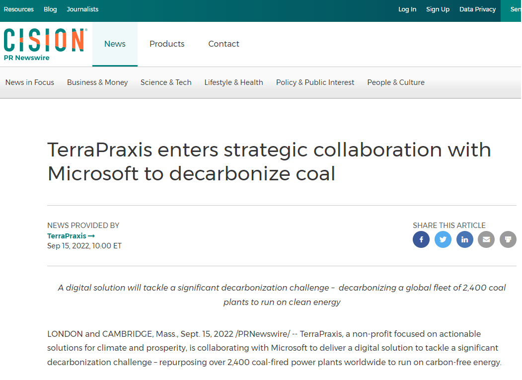 Terra Praxis enters strategic collaboration with Microsoft to decarbonize coal