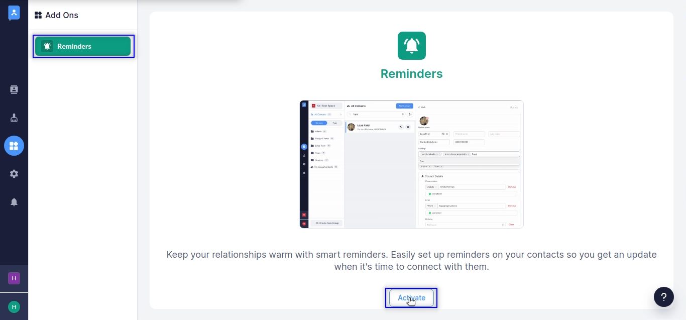How to Activate Reminder Add-On in ContactBook?