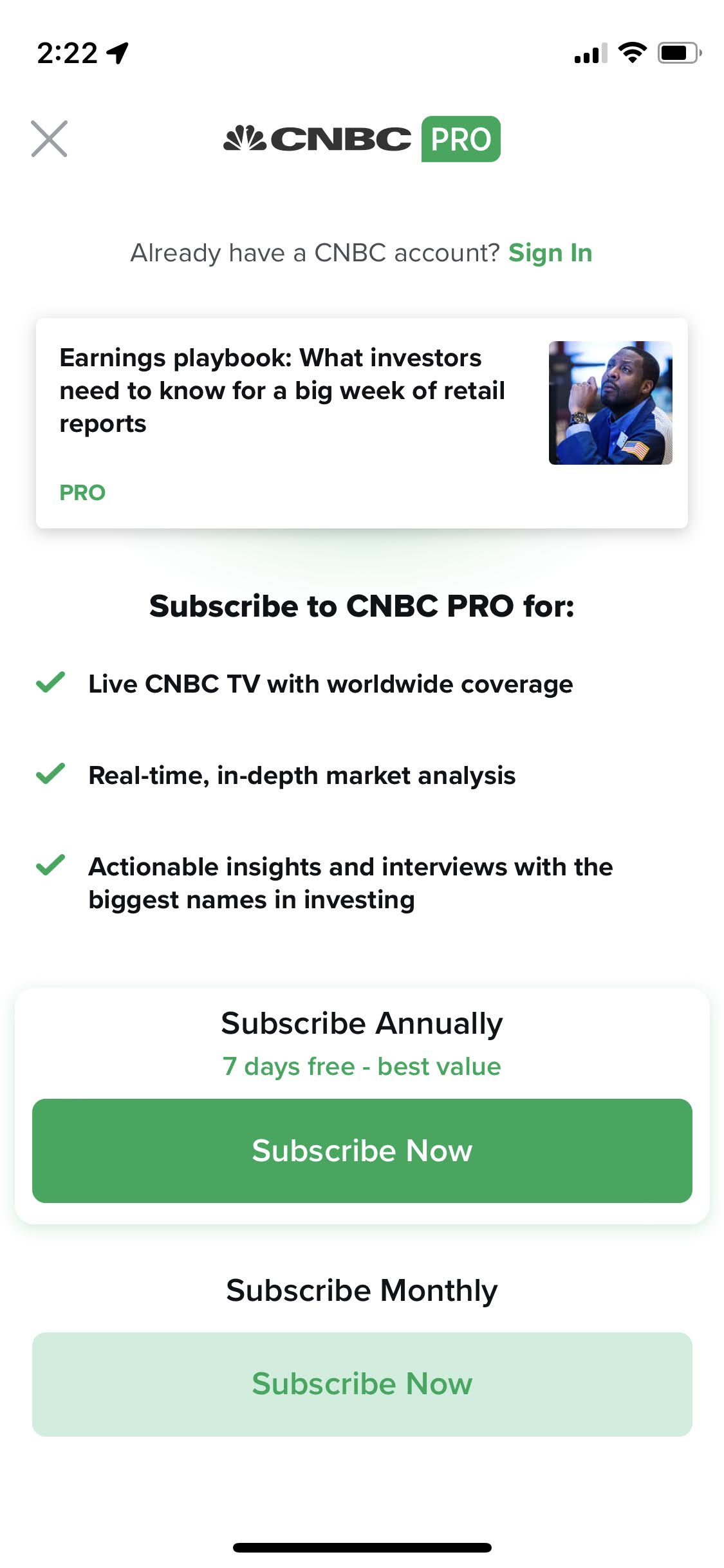 Best Mobile Paywall - CNBC: Stock Market & Business
