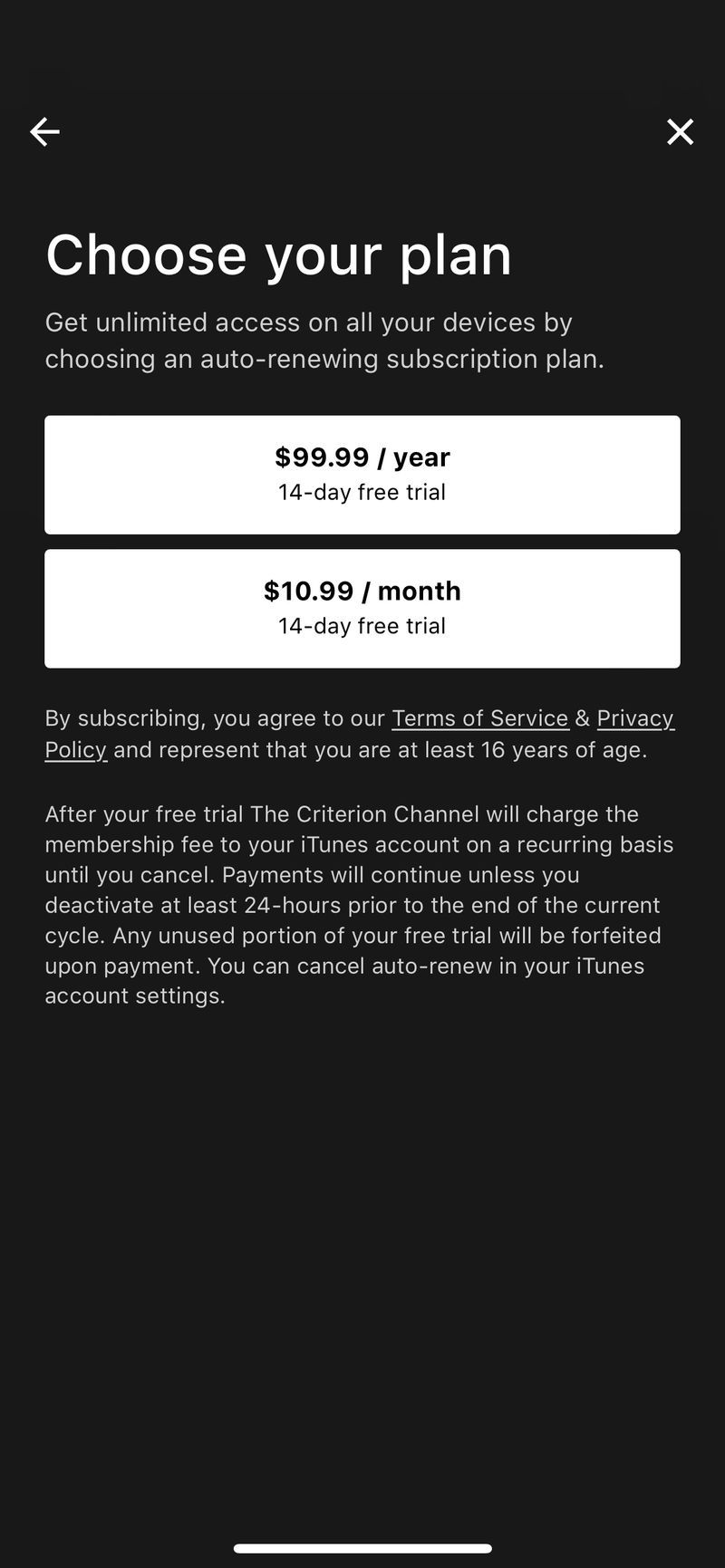 Best Mobile Paywall - The Criterion Channel
