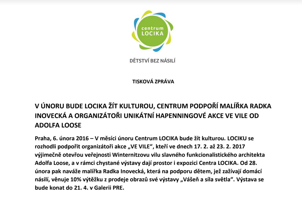 V ÚNORU BUDE LOCIKA ŽÍT KULTUROU, CENTRUM PODPOŘÍ MALÍŘKA RADKA INOVECKÁ A ORGANIZÁTOŘI UNIKÁTNÍ ...
