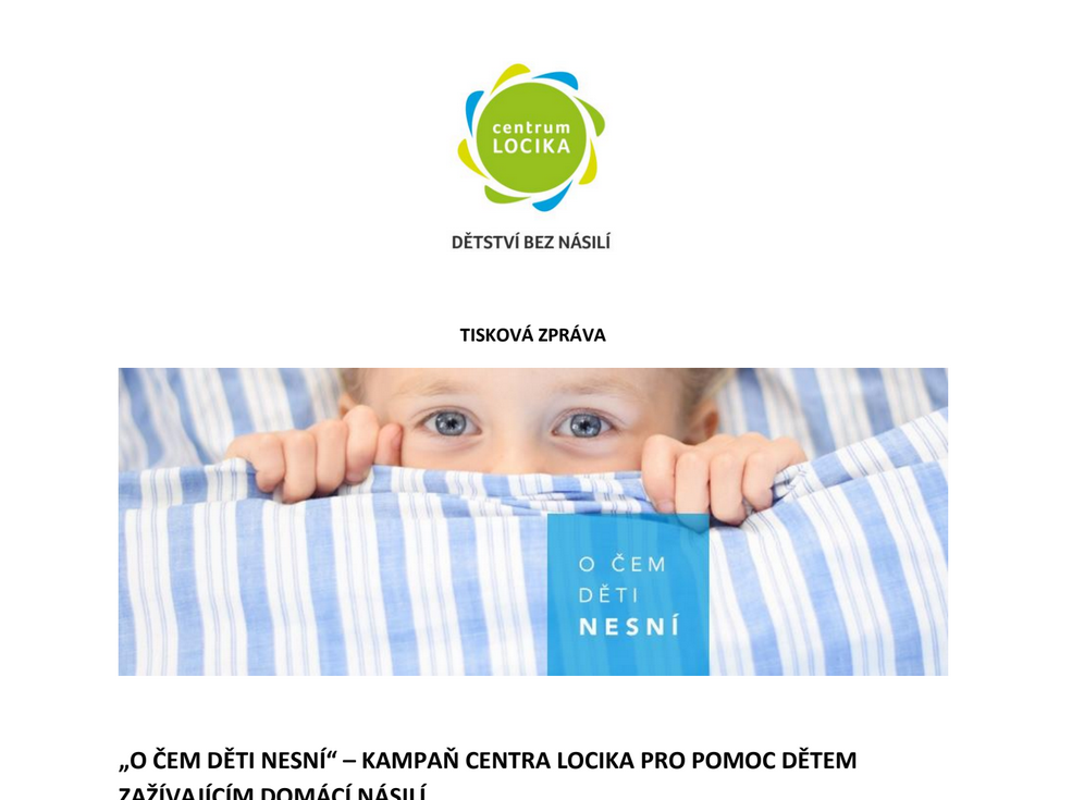 „O ČEM DĚTI NESNÍ“ – KAMPAŇ CENTRA LOCIKA PRO POMOC DĚTEM ZAŽÍVAJÍCÍM ...