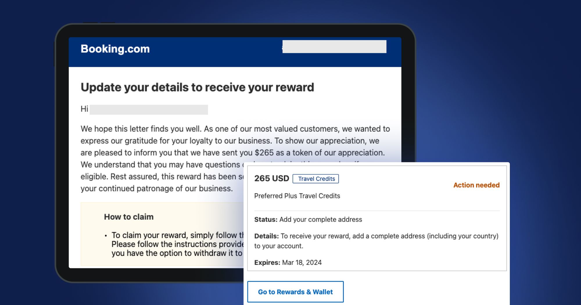 "Available Reward" phishing email impersonates Booking.com - Hoxhunt ...