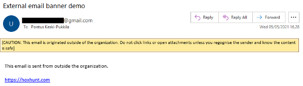 External email warning banner phish - Hoxhunt