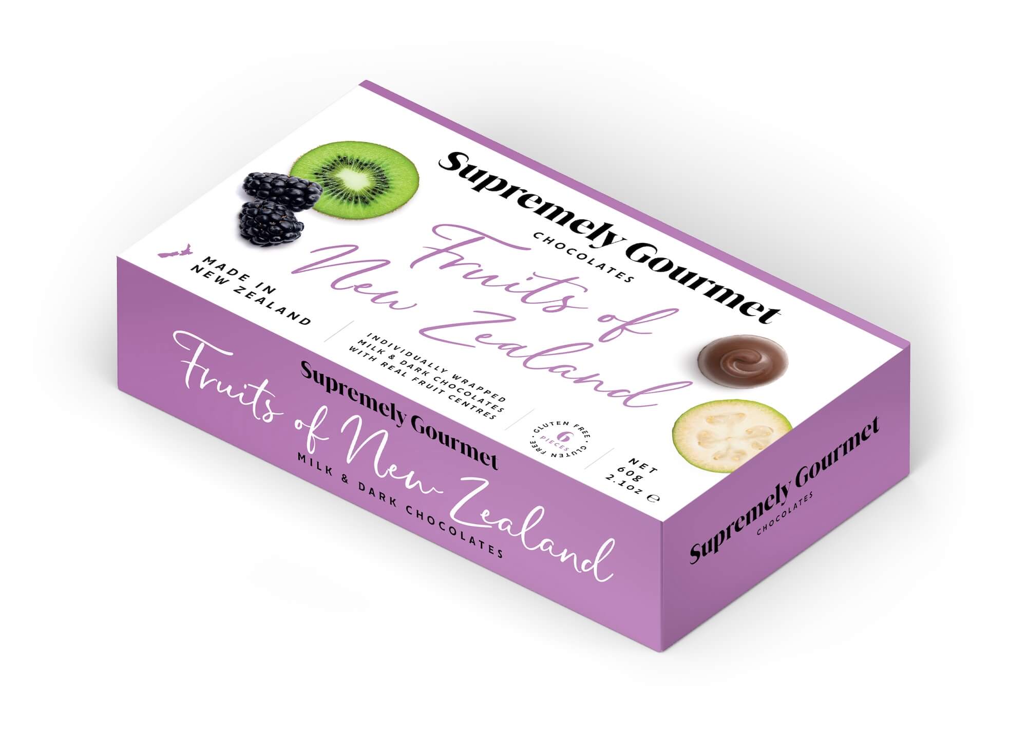 Supremely Gourmet – Fruits of New Zealand 6 piece Milk and Dark Chocolates
