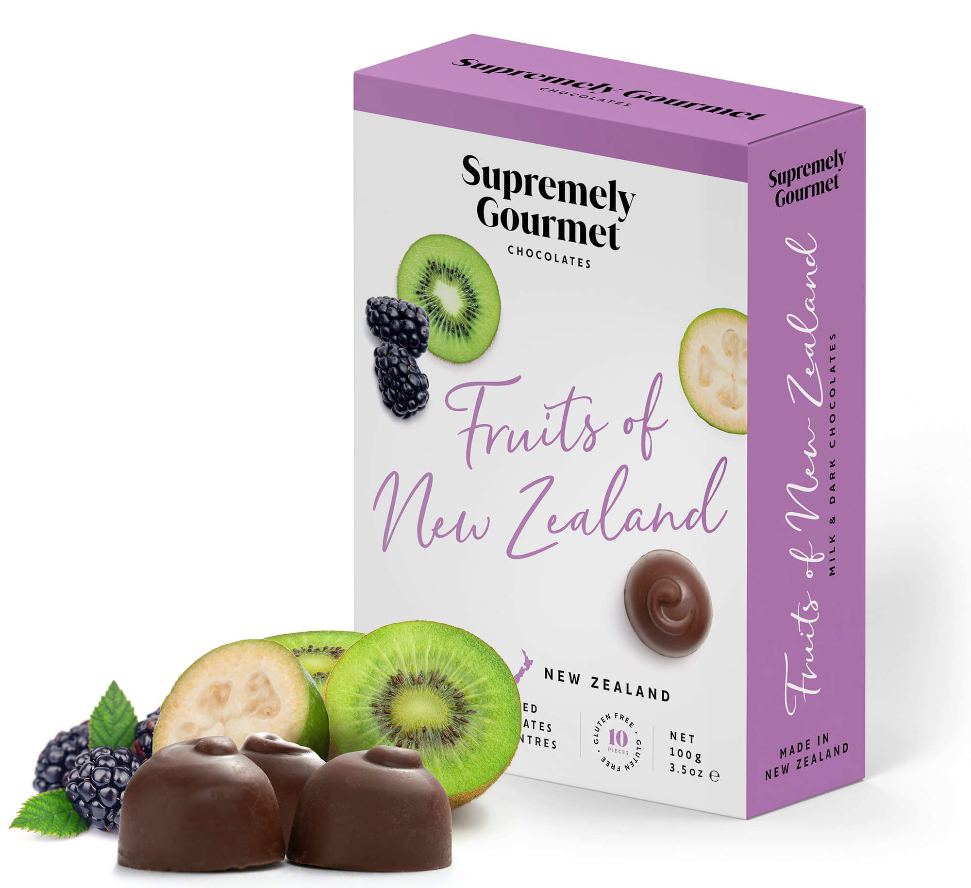 Supremely Gourmet – Fruits of New Zealand 10 piece Milk and Dark Chocolates