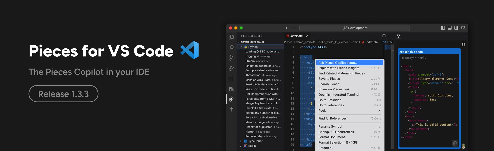 Access Pieces Copilot Streaming from VS Code 🌊 : Pieces for VS Code 1.3.3