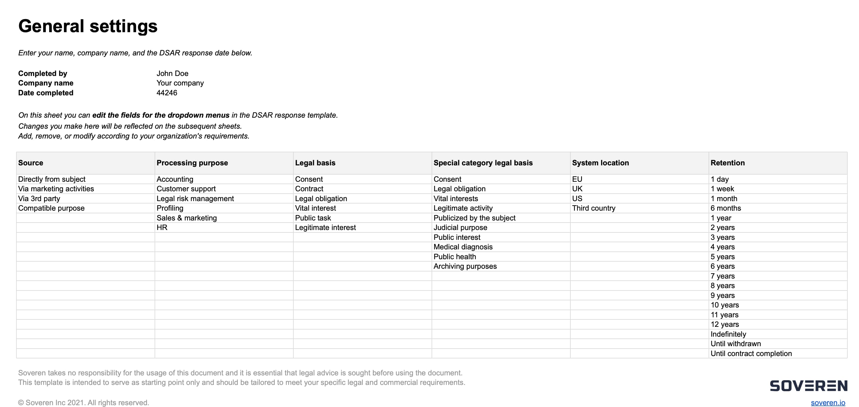Free DSAR template | Soveren
