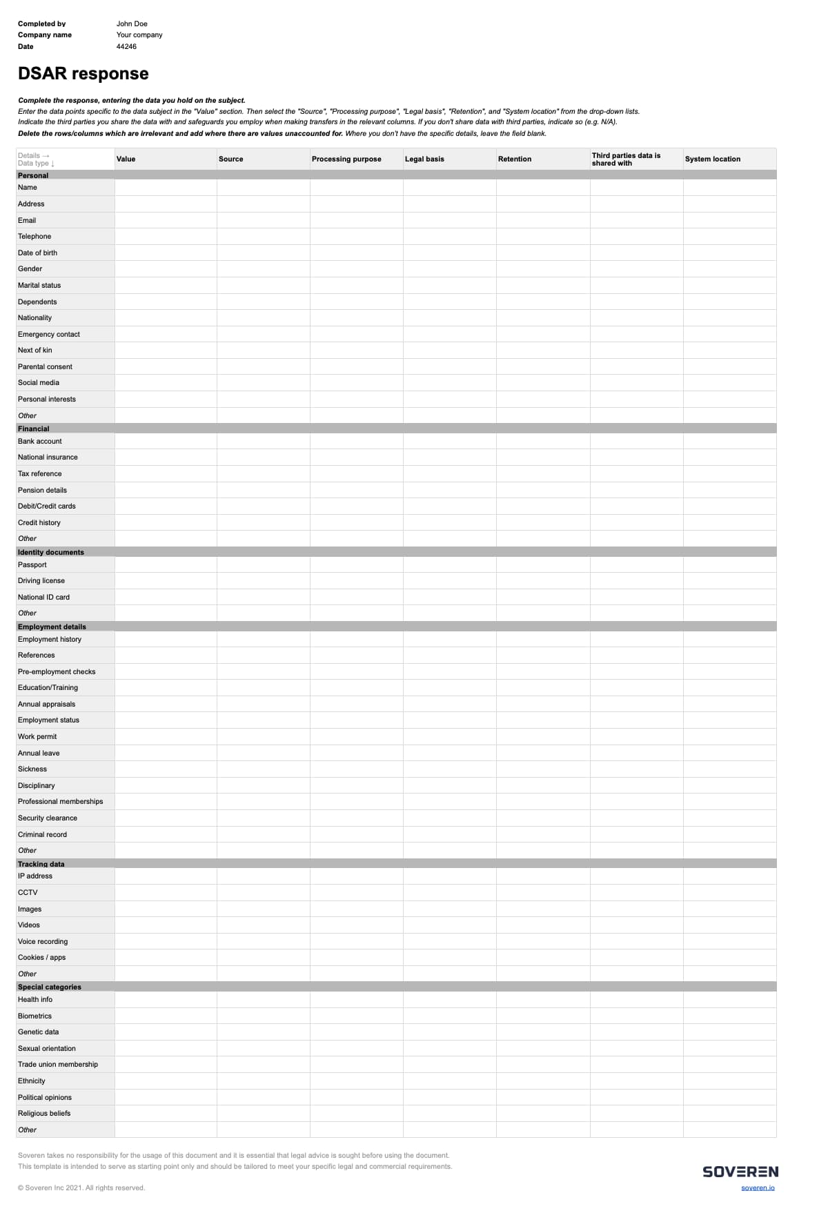 Free DSAR template | Soveren