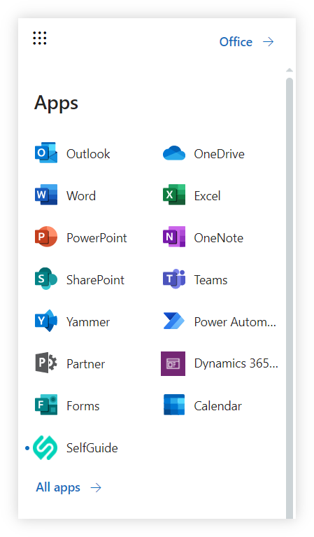 Microsoft Office 365 app launcher | Integrations | SelfGuide kb