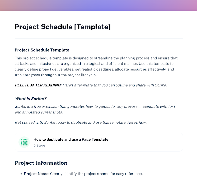 Simple Project Schedule Template | Scribe