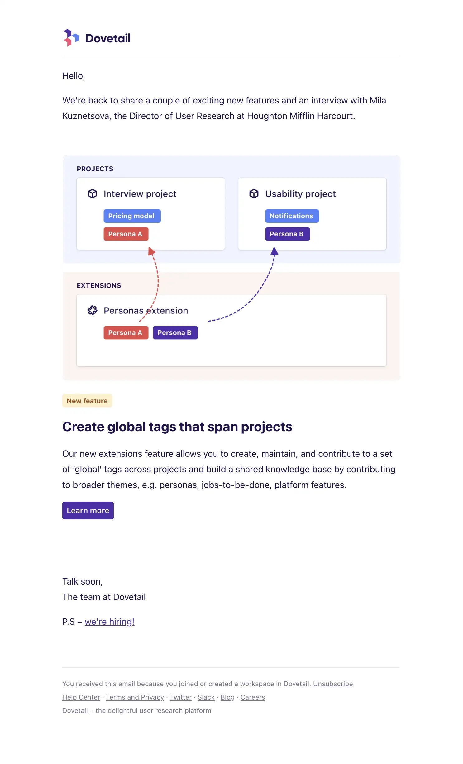 Dovetail product update example | Emailspiration