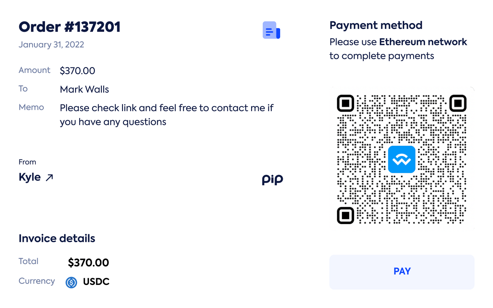 PIP Invoice | Create and Send crypto invoices with email billing