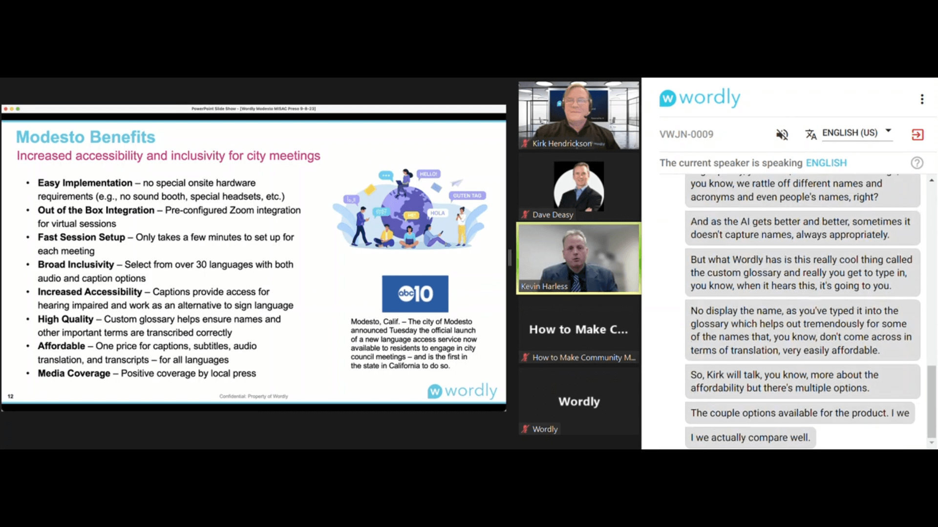Wordly on Zoom - City of Modesto Webinar - English Language Captioning