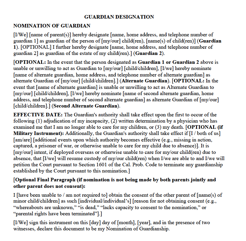 Guardian Designation for Minor Child: Templates & Samples