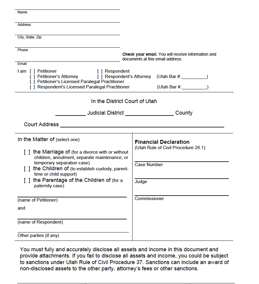 Utah Financial Declaration for Divorce: Templates & Samples