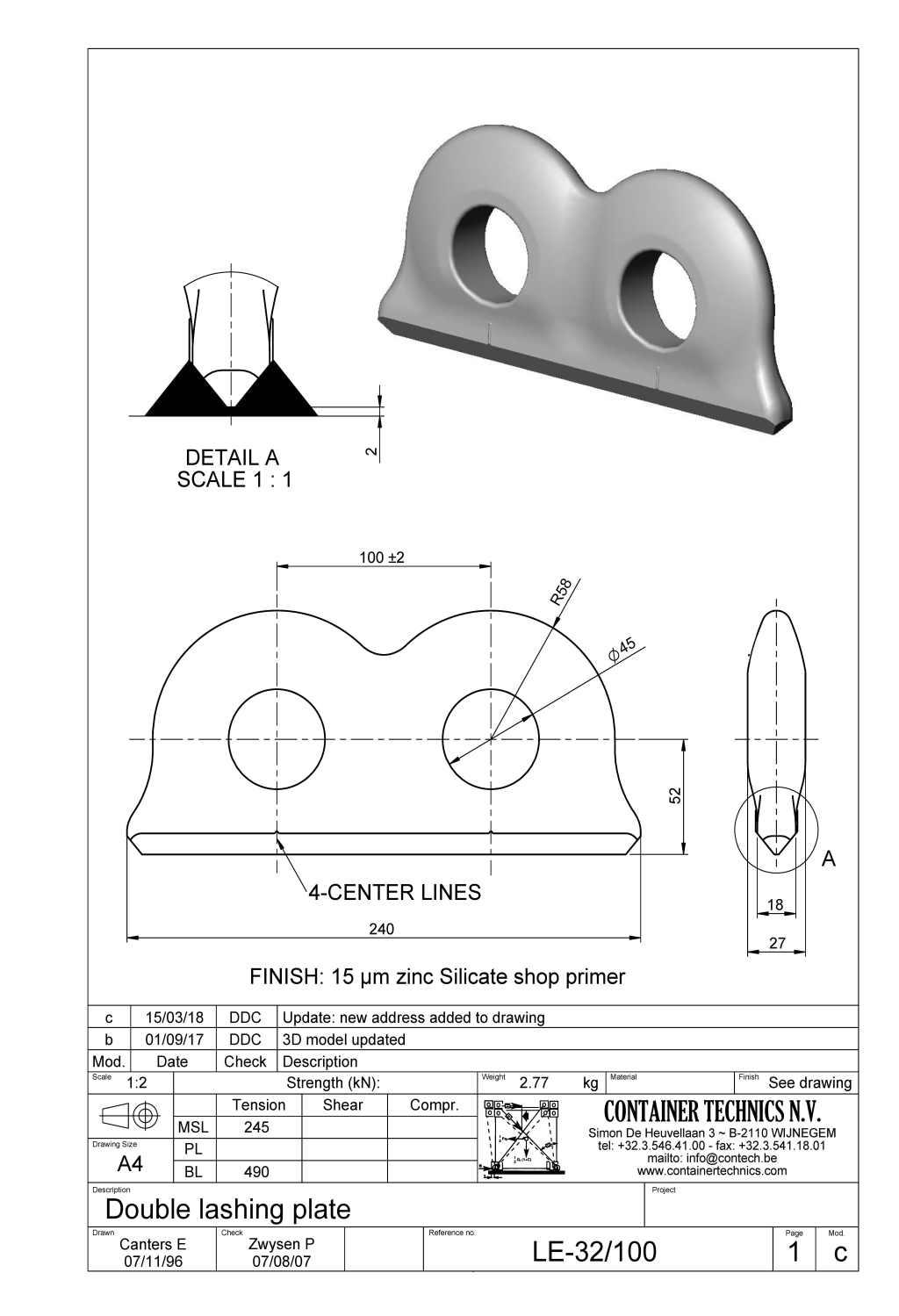 LE-32/100 Double Lashing Plate 100MM C/C -Container Technics