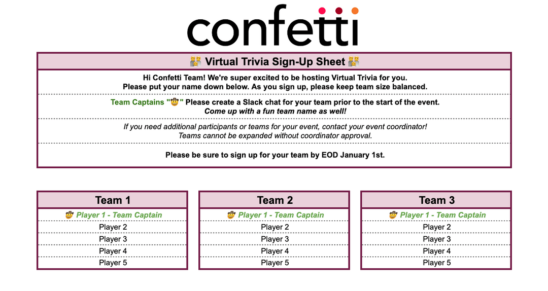 Virtual Trivia Sample Sign-Up Sheet | Confetti 🎉