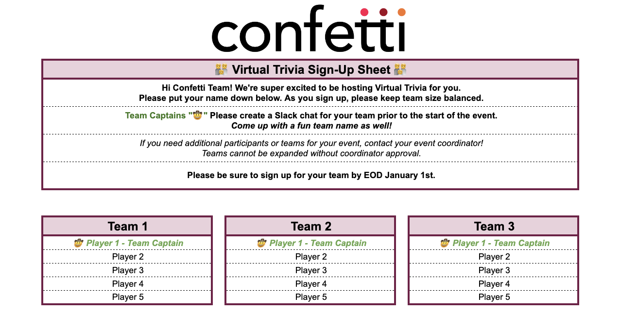 Virtual Trivia Sample Sign-Up Sheet | Confetti 🎉