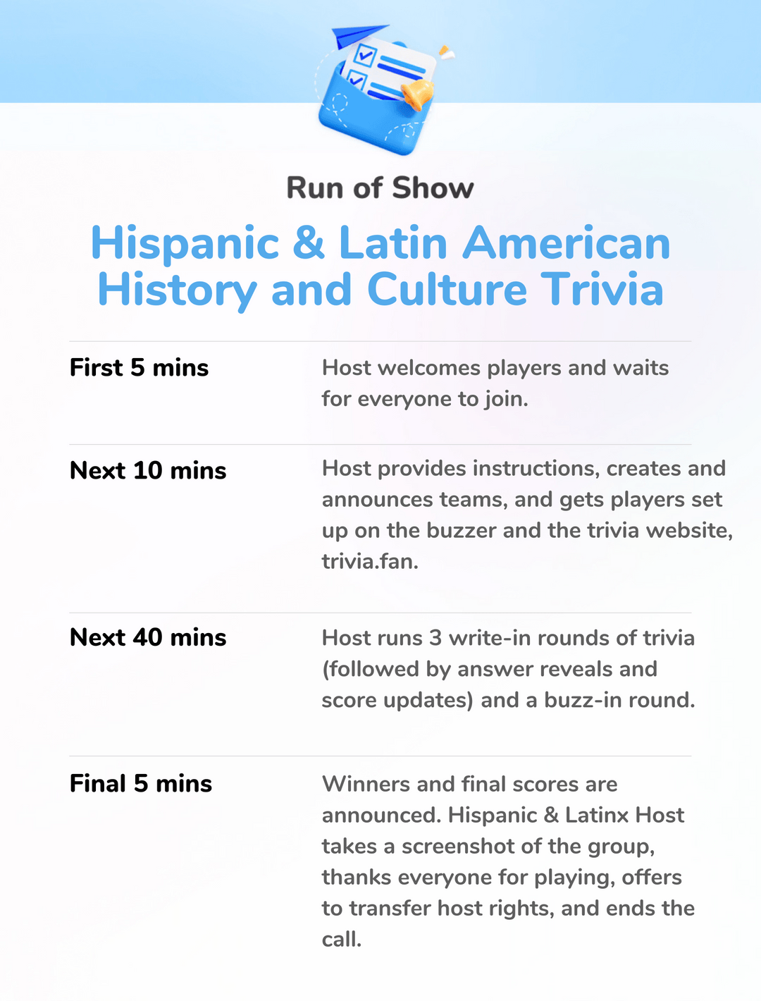 Hispanic & Latin American Trivia Sample Schedule | Confetti 🎉