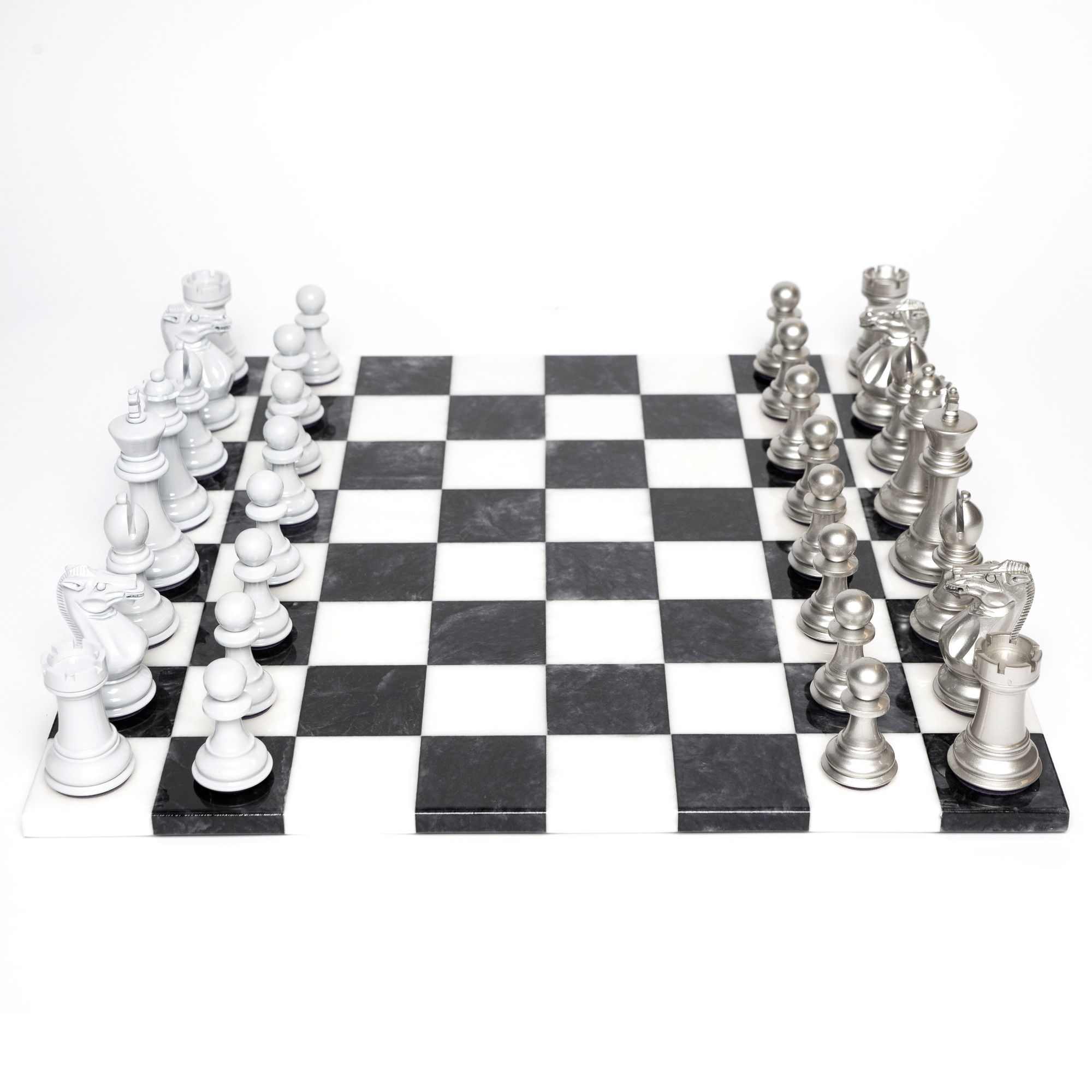 Bold Chess Set Silver & Arctic Grey with Alabaster Stone Board - Purling