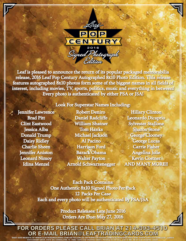 2016 Leaf Pop Century Signed 8×10 Photograph Edition - Leaf Trading Cards