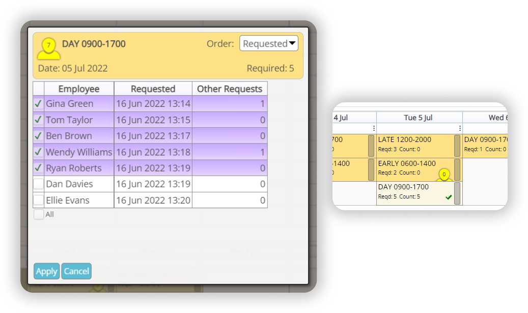 How do I view shift requests and apply them to the Rota?