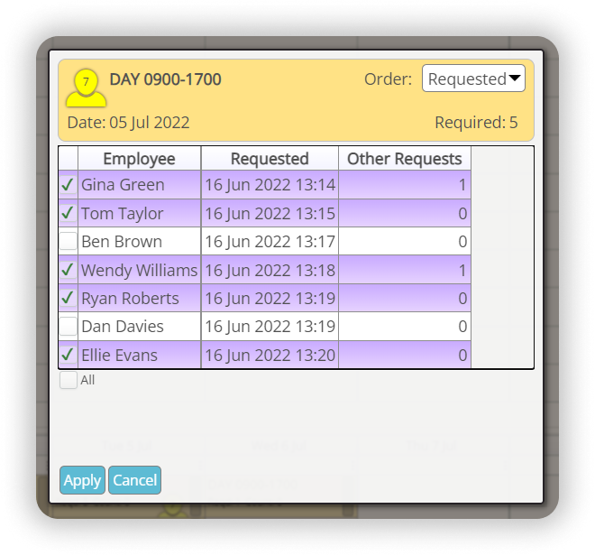 How do I view shift requests and apply them to the Rota?