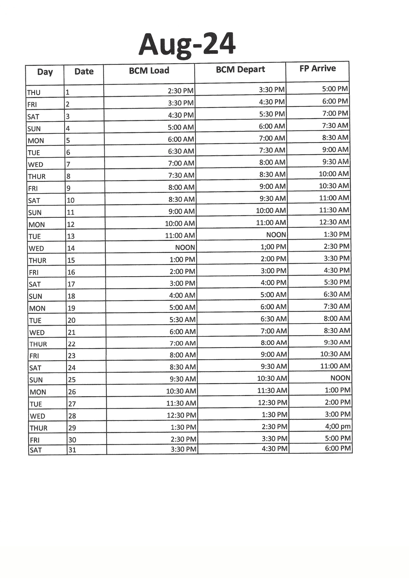 Barge Schedule