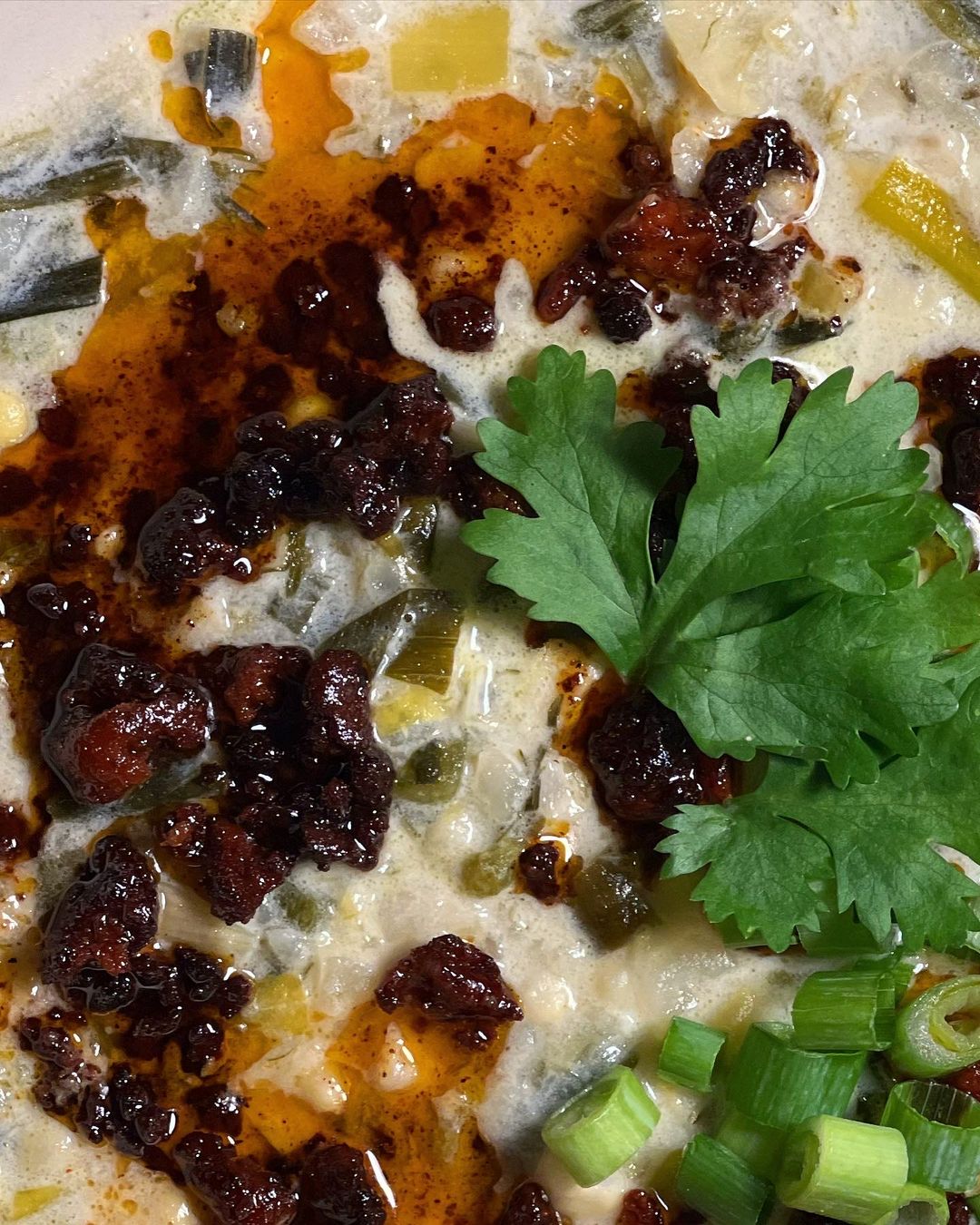 corn chowder with charred poblano peppers + chorizo