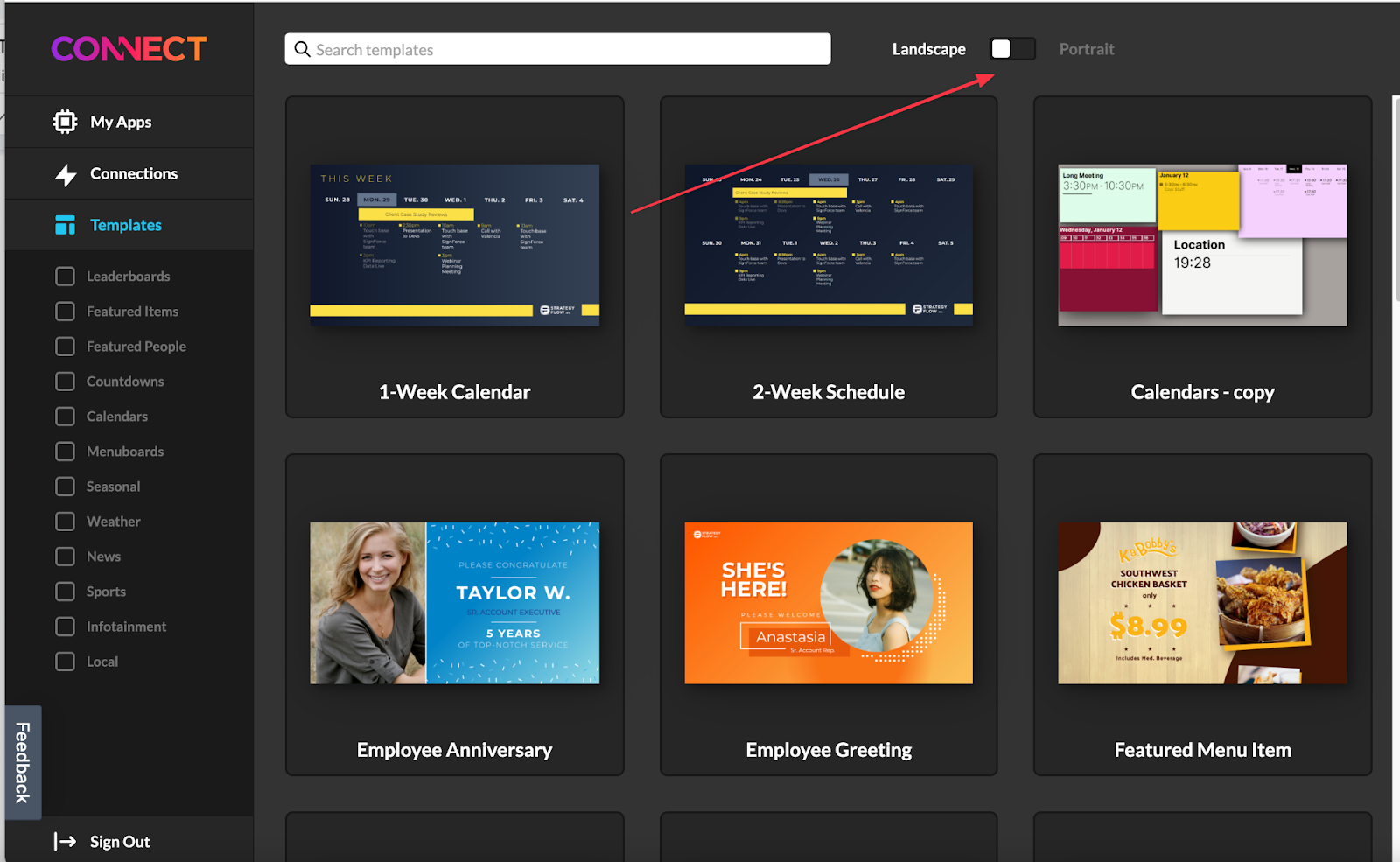 Click on the orientation toggle button to filter the templates based on ...