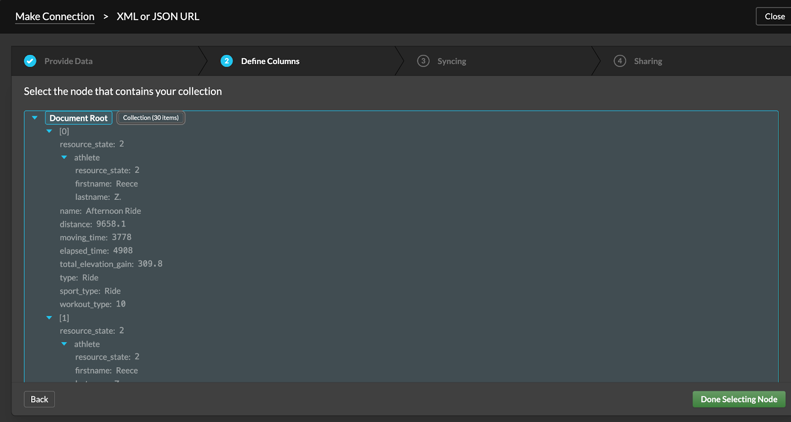 In the node picker select the collection for your data connection.