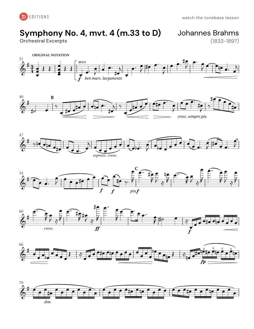 Johannes Brahms - Symphony No. 4, mvt. 4 (Violin Excerpt) | Free Violin Sheet Music
