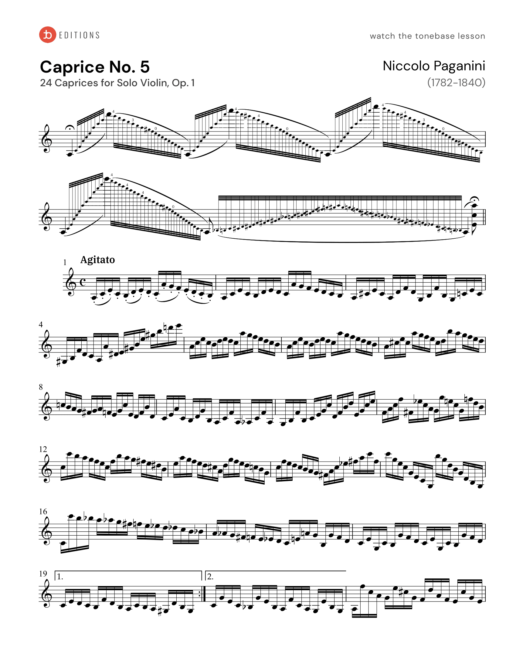 Niccolò Paganini - 24 Caprices: No. 5 in A Minor | Free Violin Sheet Music