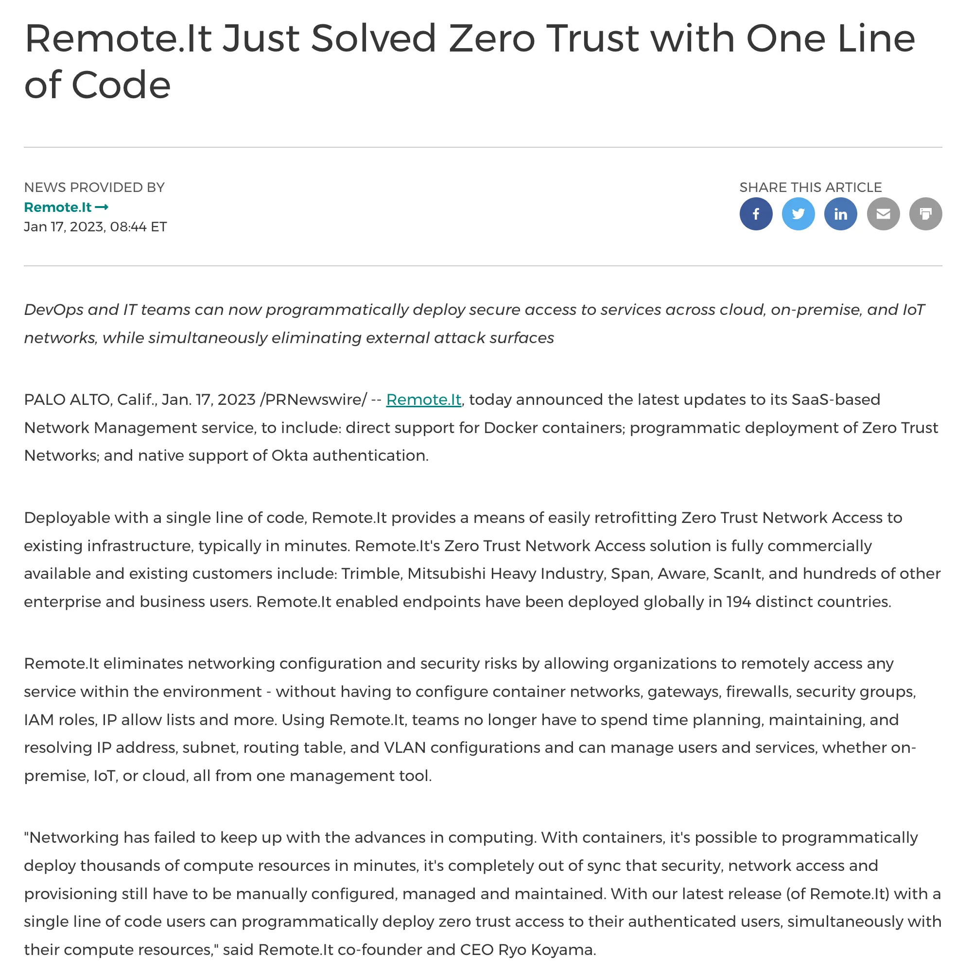 Remote.It just solved Zero Trust with one line of code