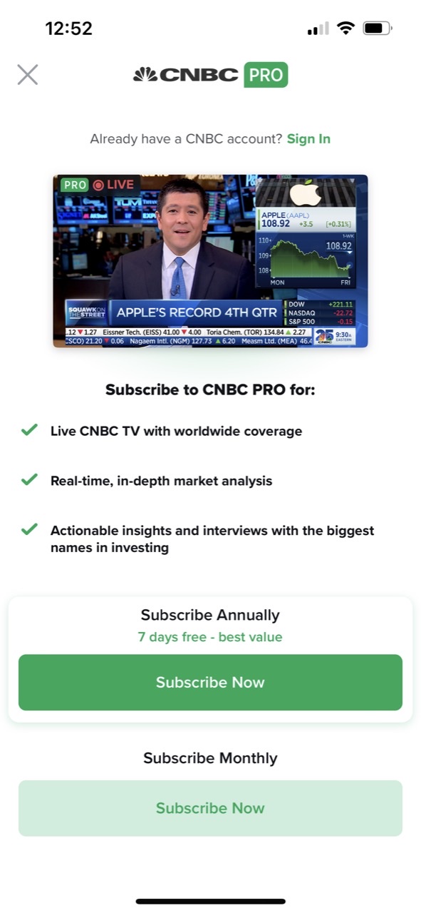CNBC: Stock Market & Business — Paywall Screenshot ($600K/mo)