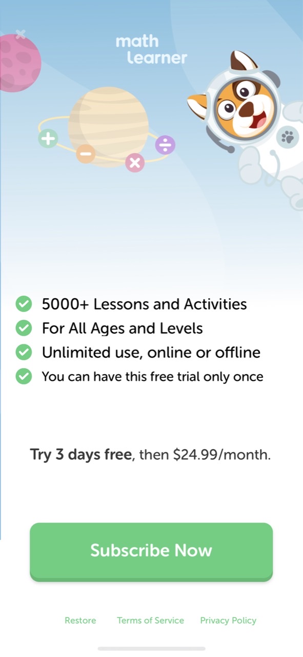 Math Learner: Learning Game — Paywall Screenshot ($200K/mo)