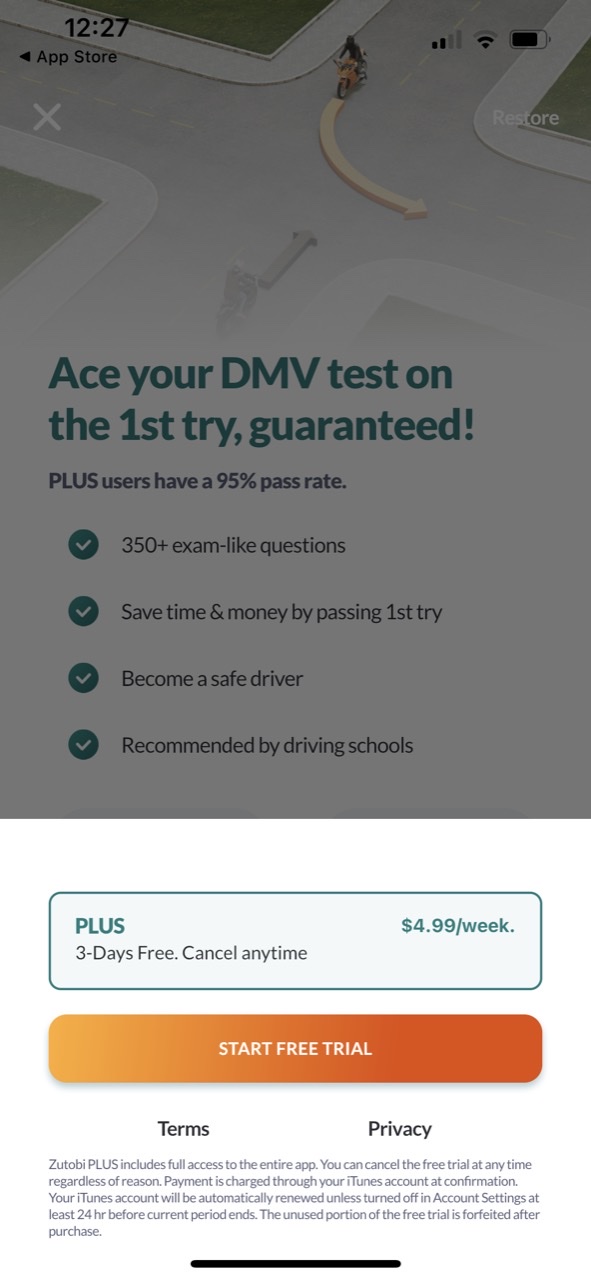 Zutobi: DMV Practice Test — Paywall Screenshot ($200K/mo)