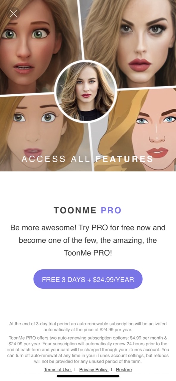 ToonMe Cartoon Photo Editor — Paywall Screenshot ($200K/mo)