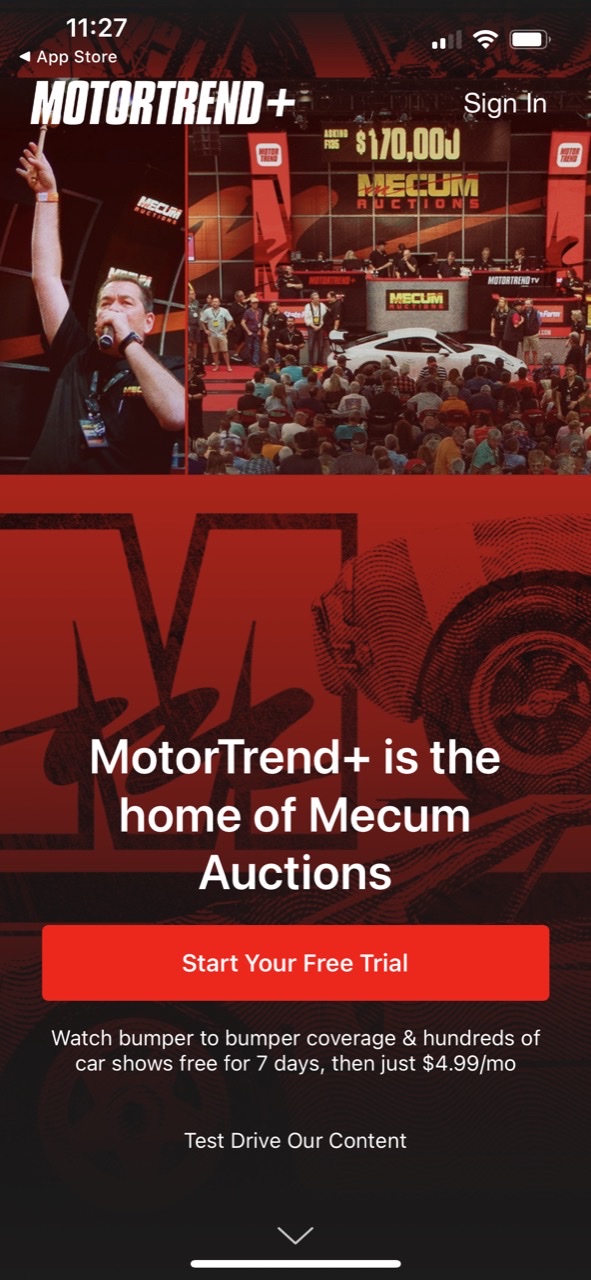 MotorTrend+: Watch Car Shows — Paywall Screenshot ($300K/mo)