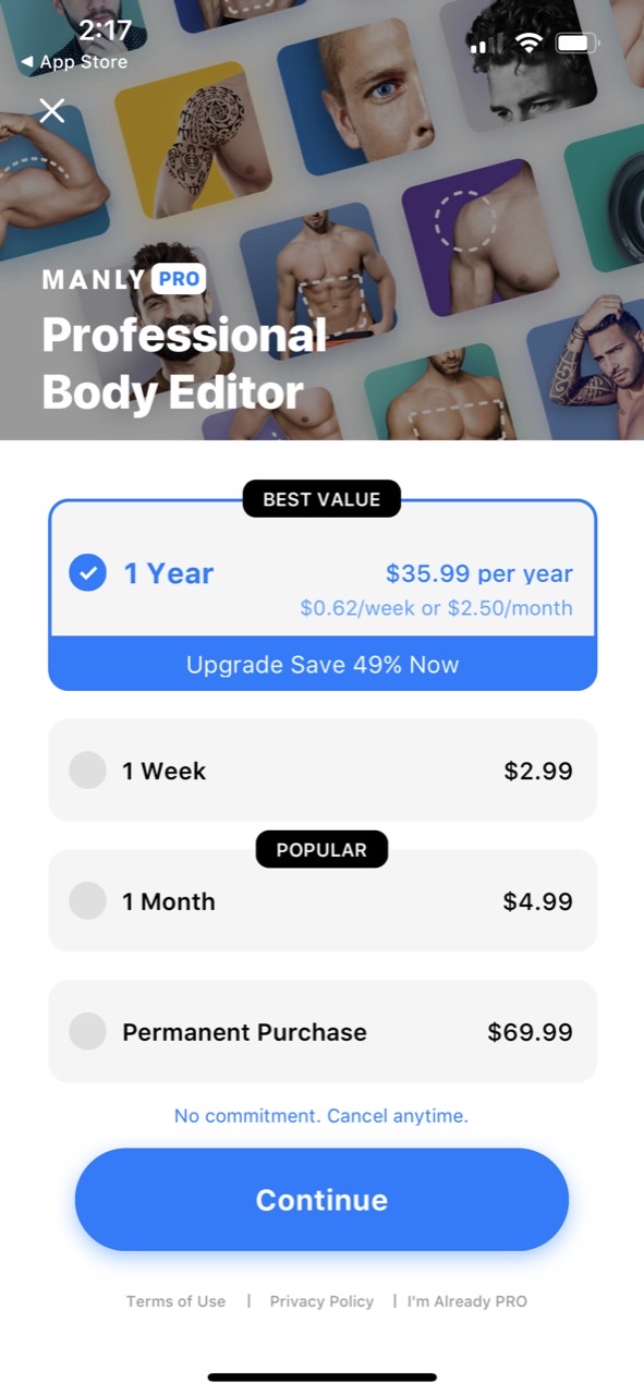 Manly- Best Body Editor — Paywall Screenshot ($100K/mo)