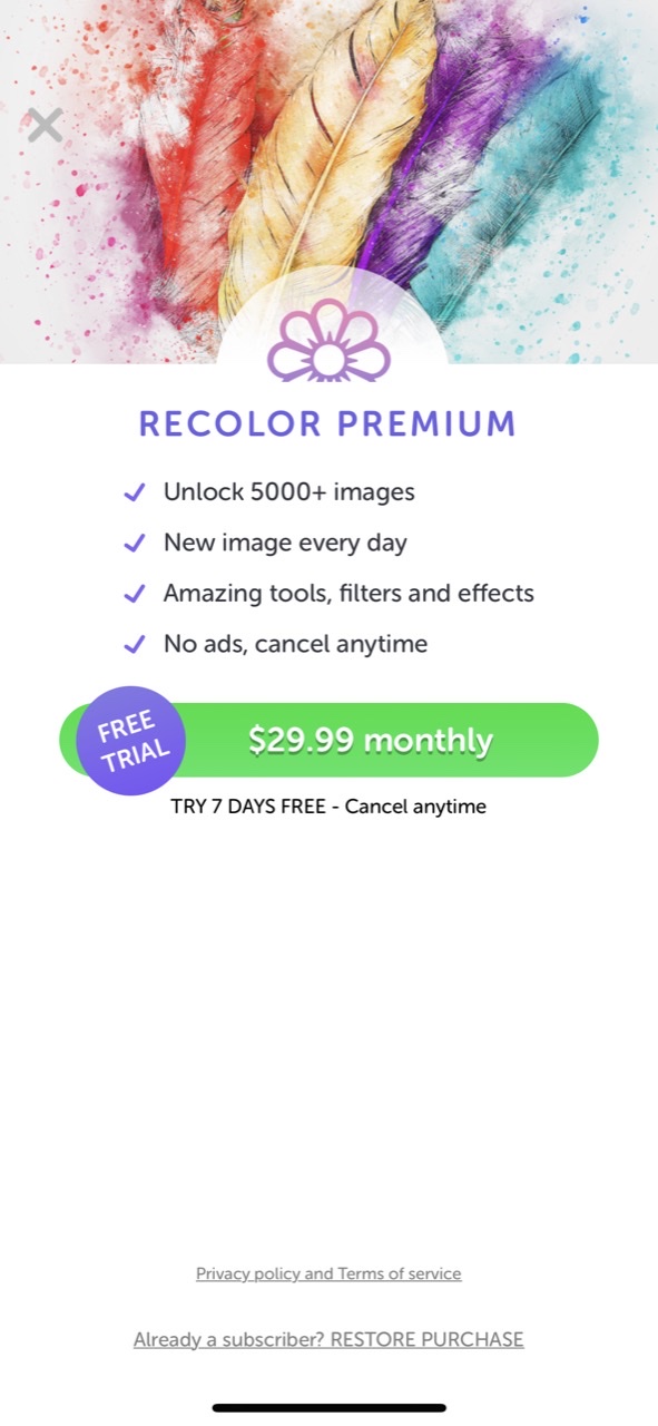 Recolor - Adult Coloring Book — Paywall Screenshot ($100K/mo)