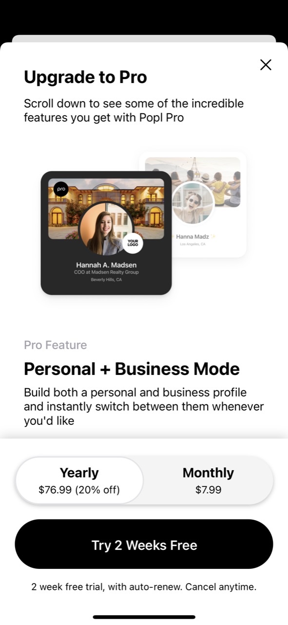 Popl - Digital Business Card — Paywall Screenshot ($200K/mo)