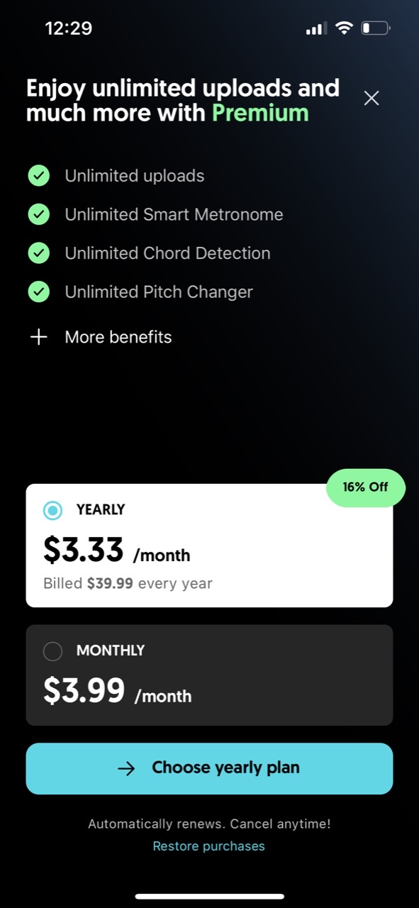Moises: The Musician's App — Paywall Screenshot ($200K/mo)