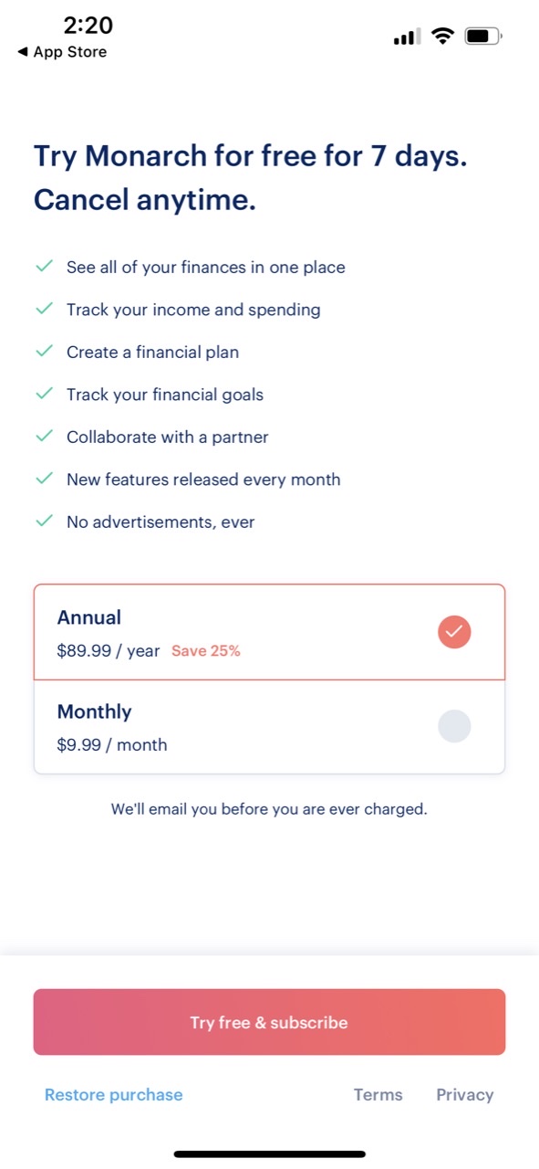 Monarch: Personal Finance App — Paywall Screenshot ($40K/mo)
