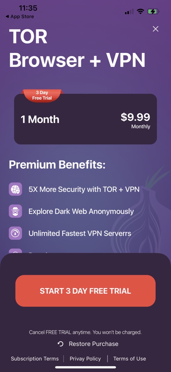 TOR Browser: Private Onion VPN — Paywall Screenshot ($8K/mo)