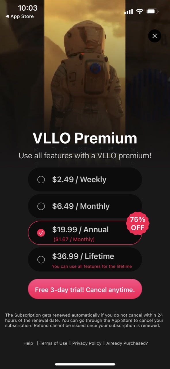 VLLO - Intuitive Video Editor — Paywall Screenshot ($200K/mo)