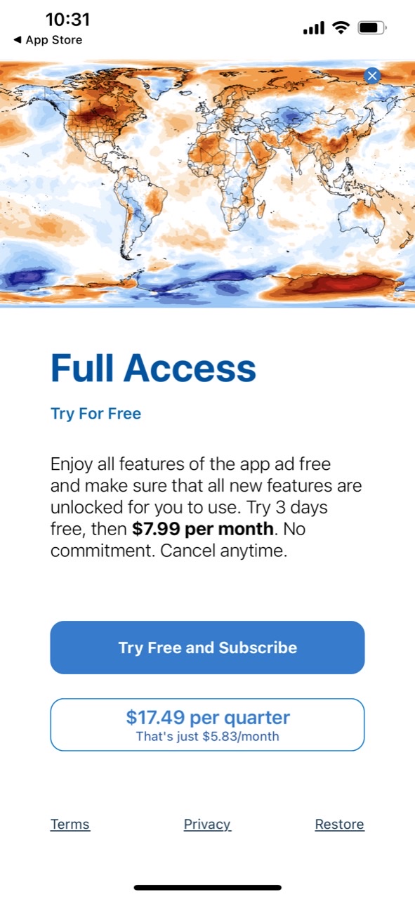 Weather and Climate Tracker — Paywall Screenshot ($0/mo)