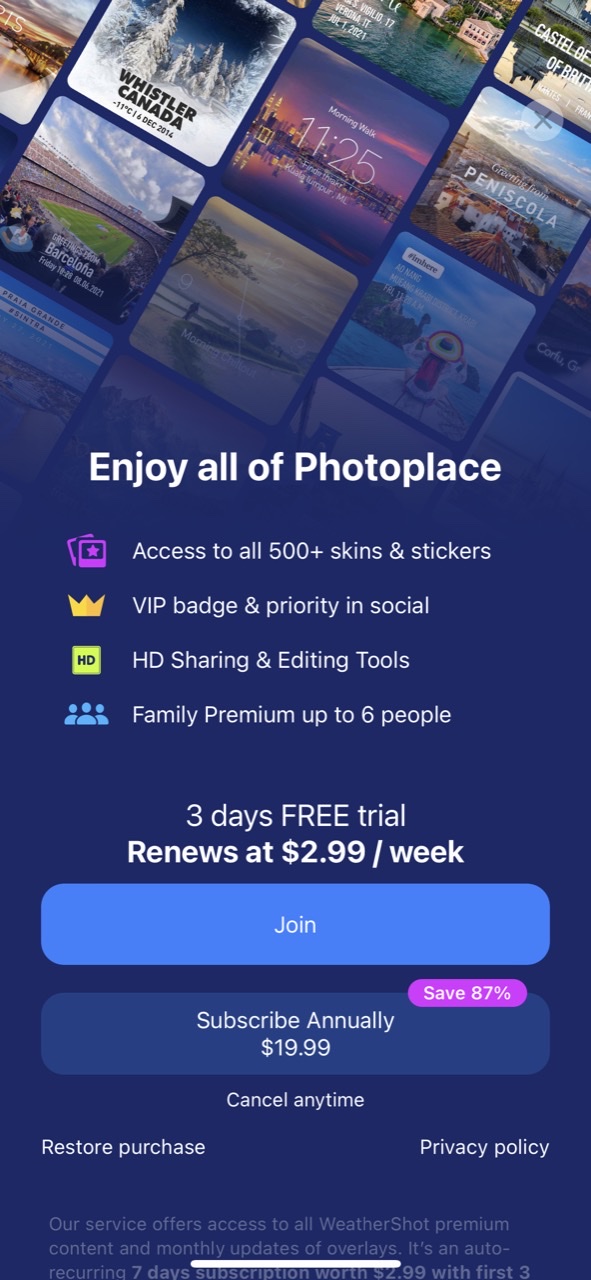 Timestamp camera - PhotoPlace — Paywall Screenshot ($0/mo)