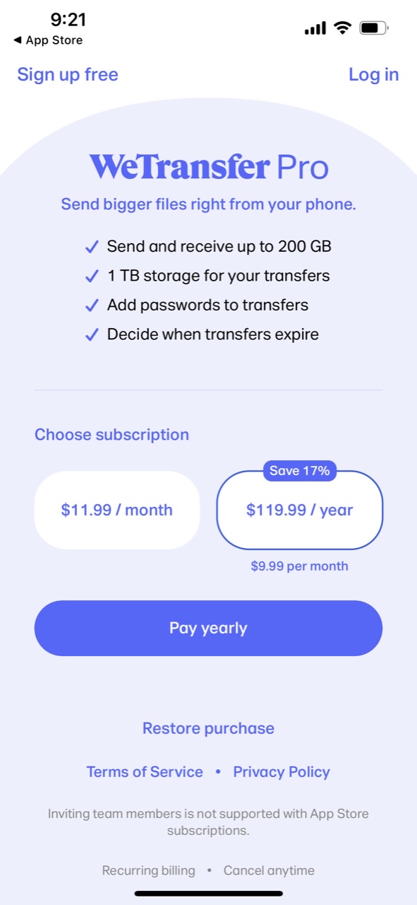 WeTransfer: Send Large Files — Paywall Screenshot ($300K/mo)